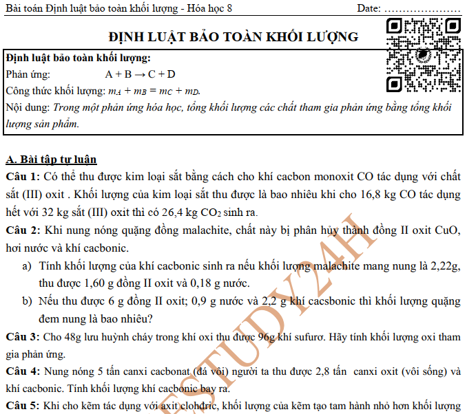 [hóa Học 8] Bt định Luật Bảo Toàn Khối Lượng